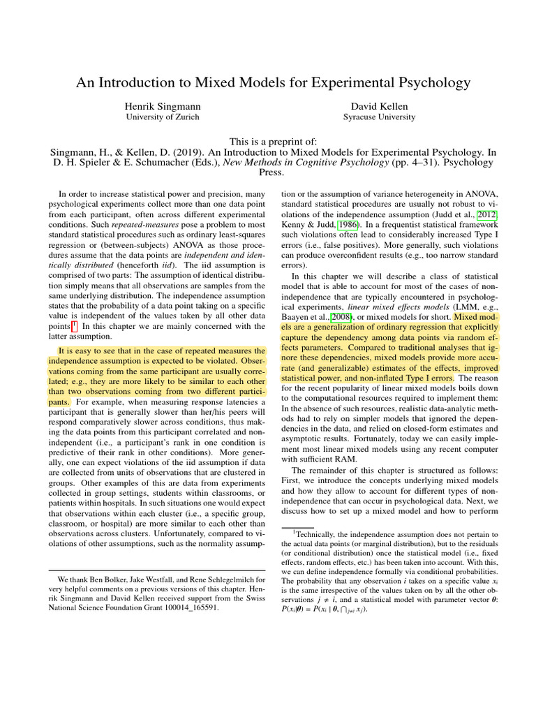 Mixed Models in Experimental Psychology | PDF | Errors And Residuals ...