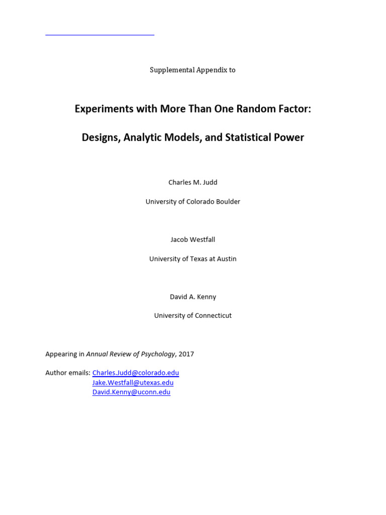 Judd Et Al. - Supplemental Appendix To Experiments With More Than One Random Factor | PDF ...
