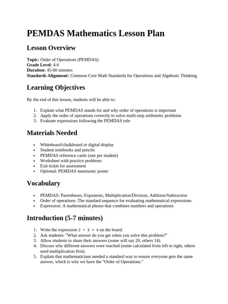 PEMDAS Lesson Plan for Grades 4-6 | PDF | Learning | Mathematics
