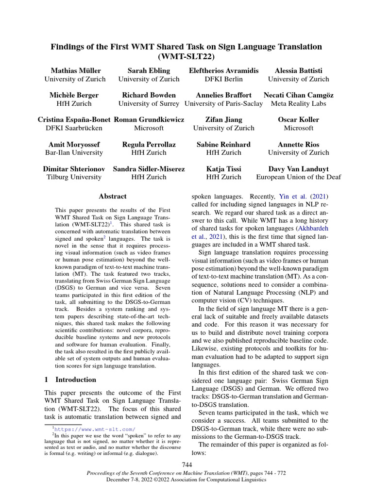 Findings of the First WMT Shared Task on Sign Language Translation (WMT ...