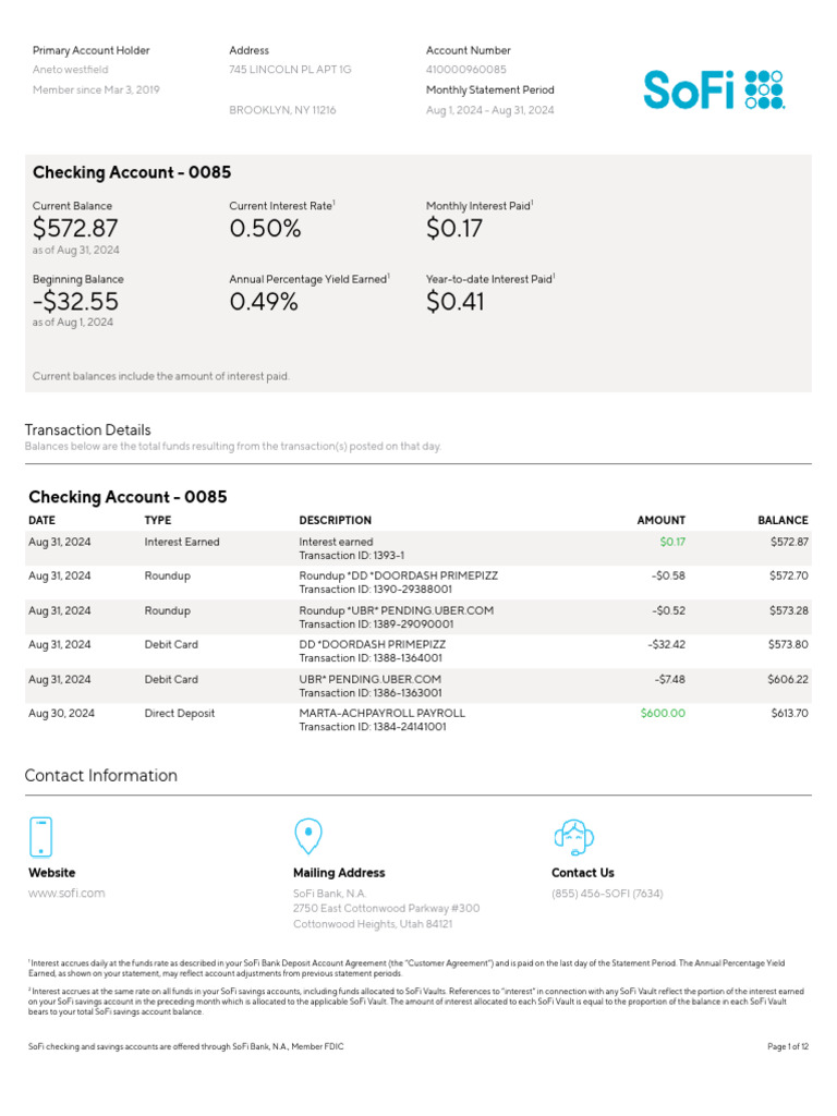 SoFiMoneyStatement - 2024 08 31 | PDF | Overdraft | Transaction Account