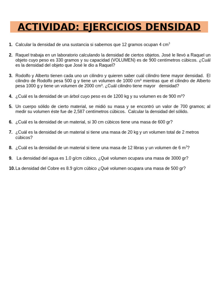Ejercicios de Densidad, Masa y Volumen | PDF | Densidad | Volumen