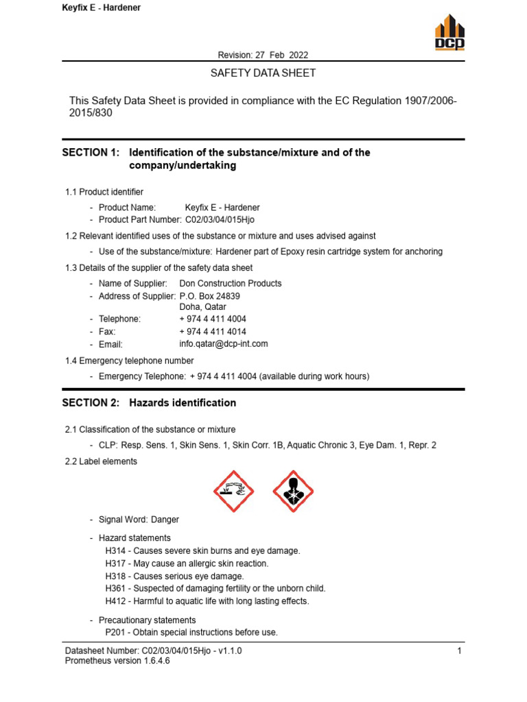 Keyfix E - Hardener - MSDS - 18 | PDF | Dangerous Goods | Personal ...