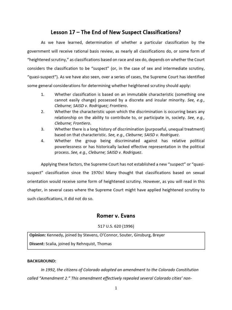 End of New Suspect Classifications? | PDF | Romer V. Evans | Lawrence V ...