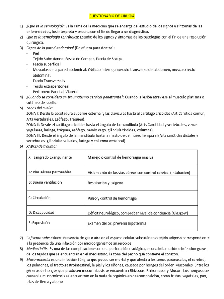Cuestionario de Cirugia II de JOSME Y CLAU | PDF | Abdomen | Especialidades Medicas