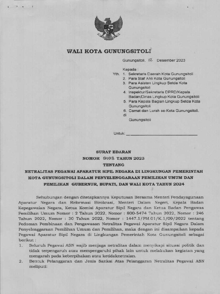 Surat Edaran Wali Kota Tentang Netralitas Asn | PDF