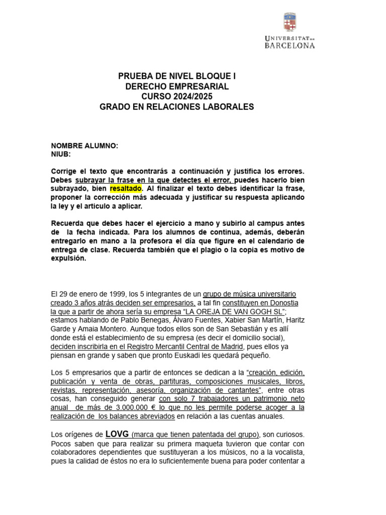 Prueba de Nivel Bloque I | PDF | Derecho laboral | Sociedad de responsabilidad limitada