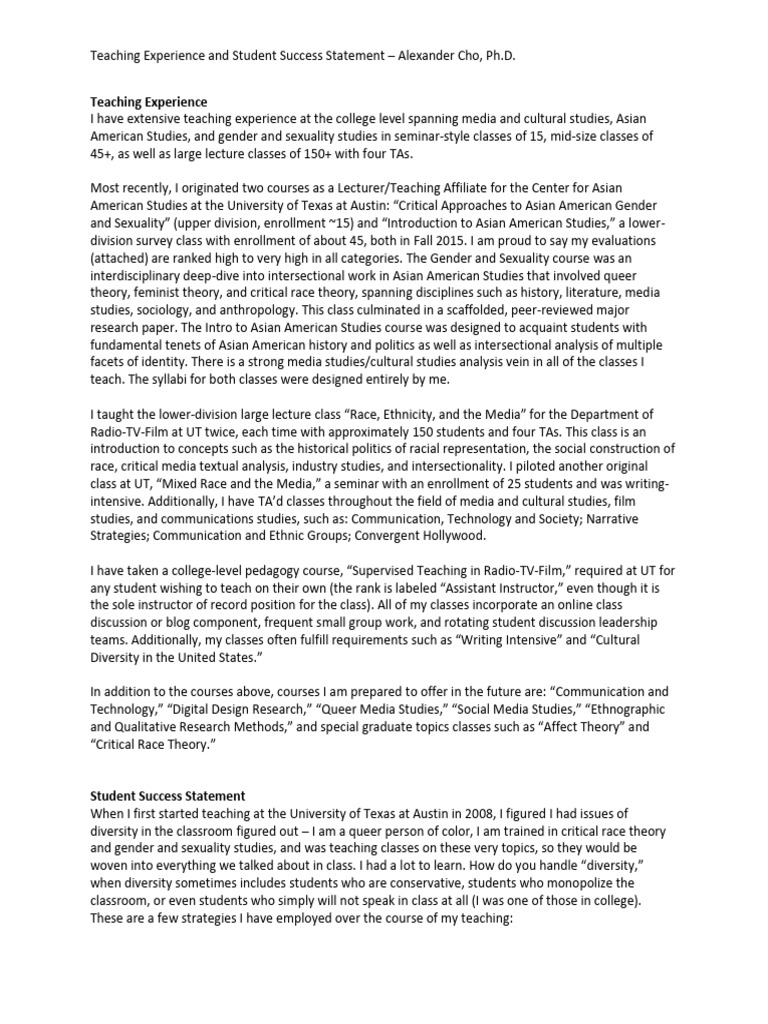 Cho 2017 Teaching Dossier Reduced | PDF | Academic Dishonesty