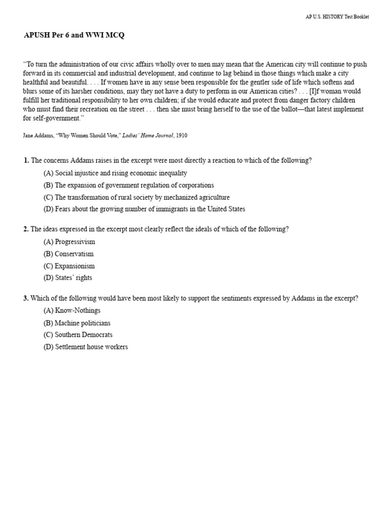 APUSH Per 6, PR and WWI MCQ | PDF | Unemployment | The United States