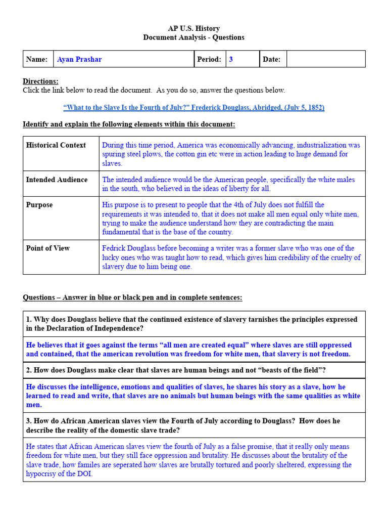 Ayan Prashar - Document Analysis - Fourth of July Speech - Questions | PDF | Frederick Douglass ...