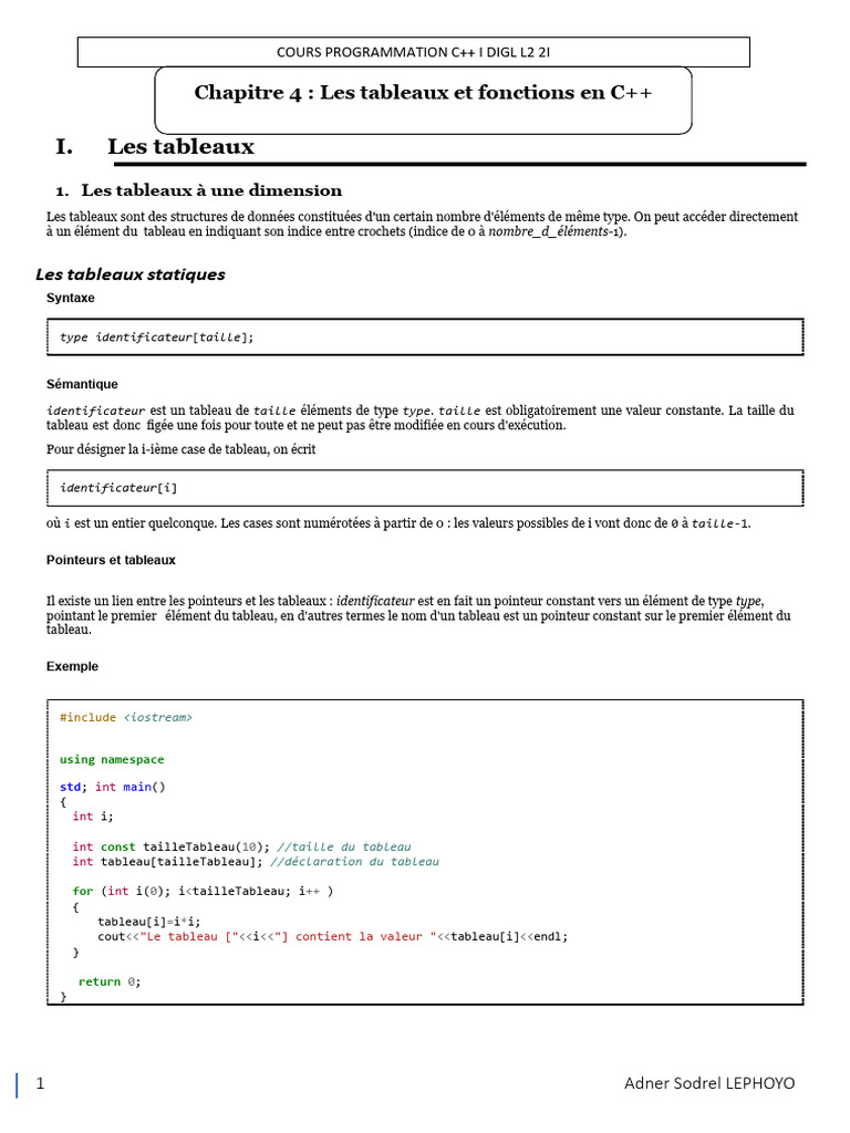 Introduction aux tableaux en C++ | PDF | C ++ | Pointeur (programmation)