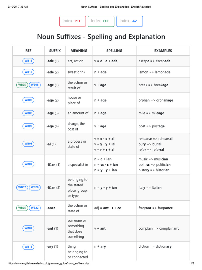 Noun Suffixes: Spelling & Meaning Guide | PDF