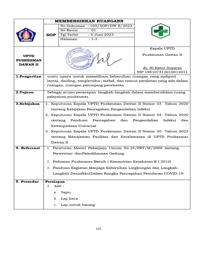 SOP MEMBERSIHKAN RUANGAN | PDF