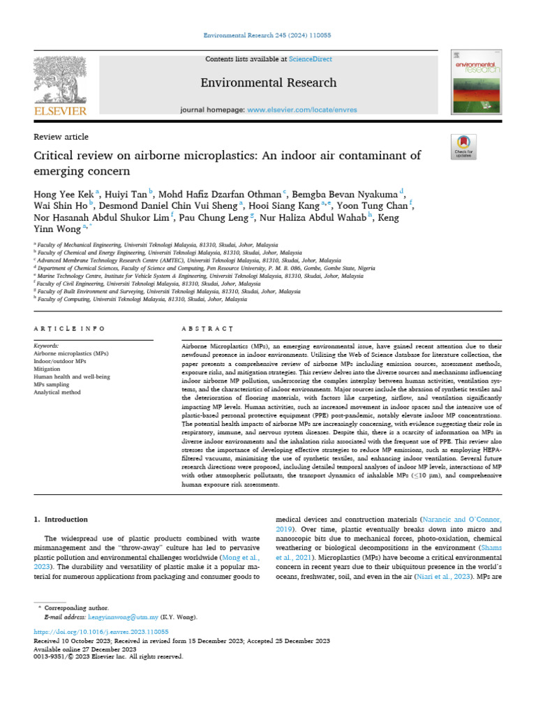 Critical review on airborne microplastics - An indoor air contaminant of emerging concern | PDF ...