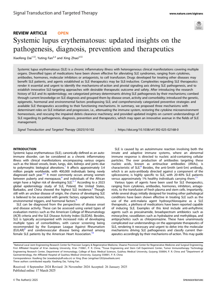 Systemic Lupus Erythematosus: Updated Insights On The Pathogenesis, Diagnosis, Prevention and ...