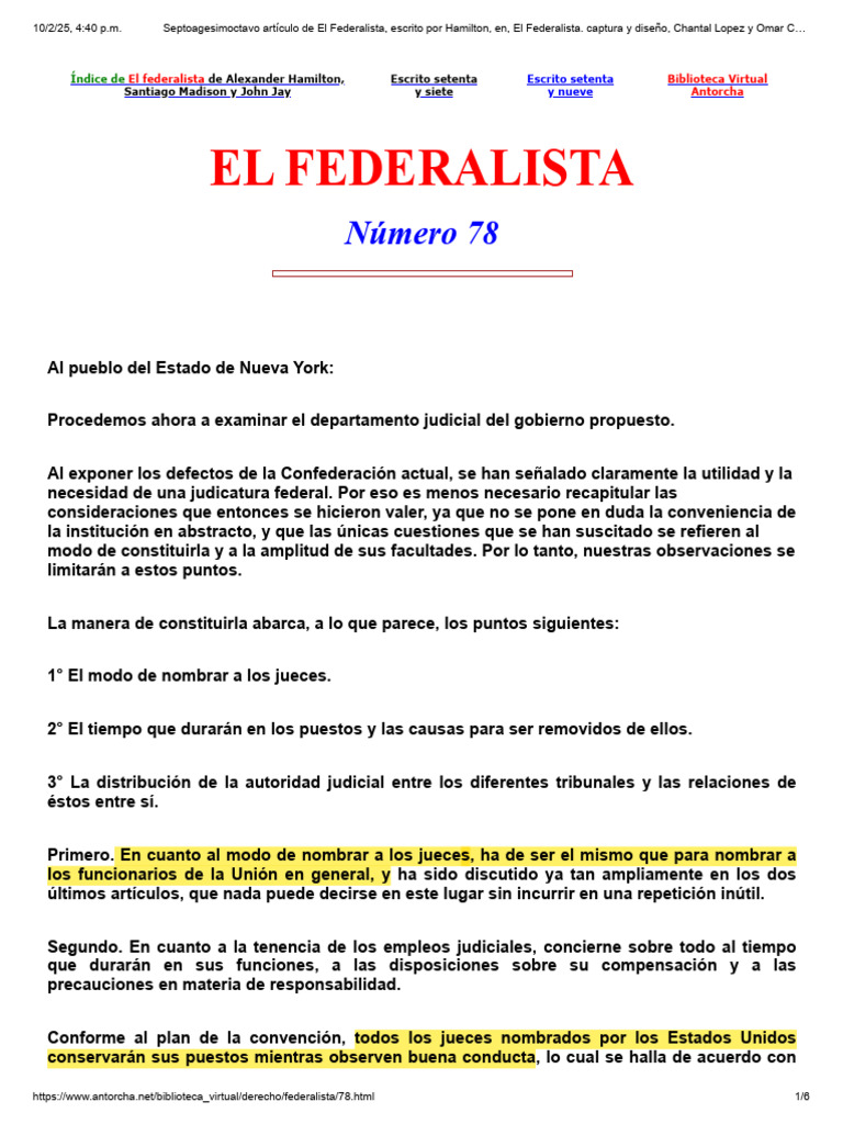 El Federalista No. 78 | PDF | Los documentos federalistas | Constitución
