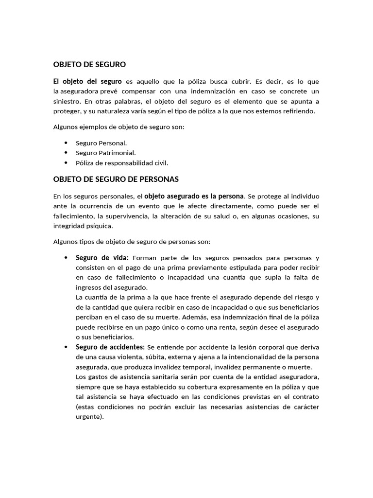 Objeto del Seguro: Tipos y Coberturas | PDF | Seguro | Póliza de seguros