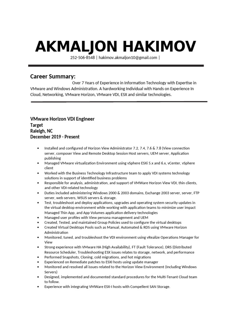 Akmaljon Hakimov VMware Resume | PDF | Desktop Virtualization | Computing Platforms