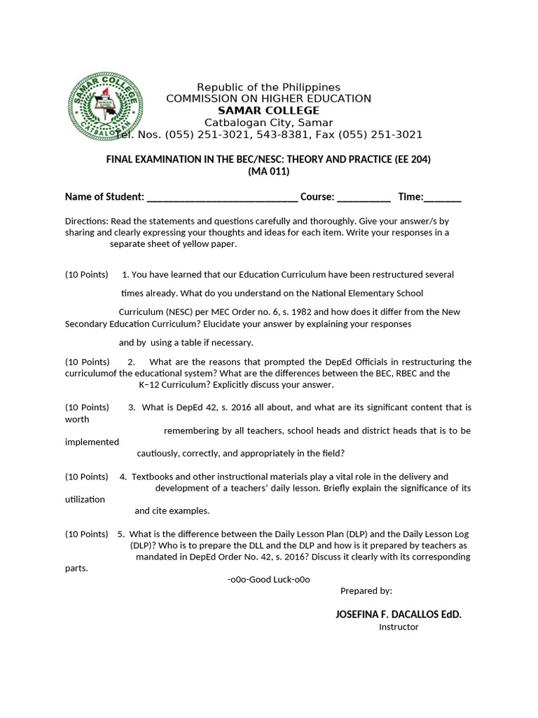 Final-Exam-in-EE-204_BEC-NESC.docx ans. | PDF | Curriculum | Teachers