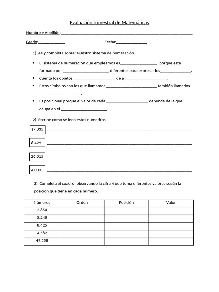 EVALUACION TRIMESTRAL MATEMATICA Y LENGUA (EVA) | PDF