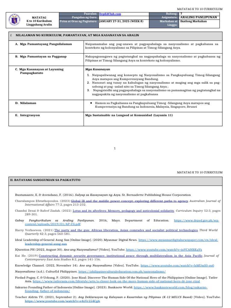 Dll Matatag _araling Panlipunan 7 q3 w8 | PDF