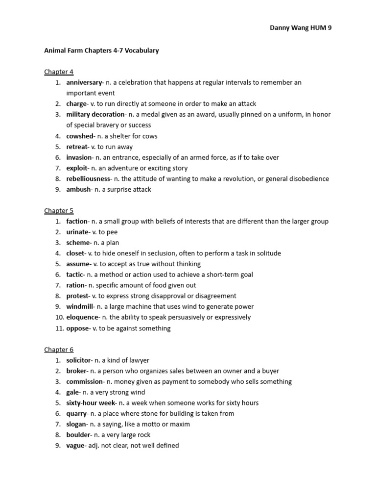 Animal Farm Chapters 4-7 Vocabulary | PDF