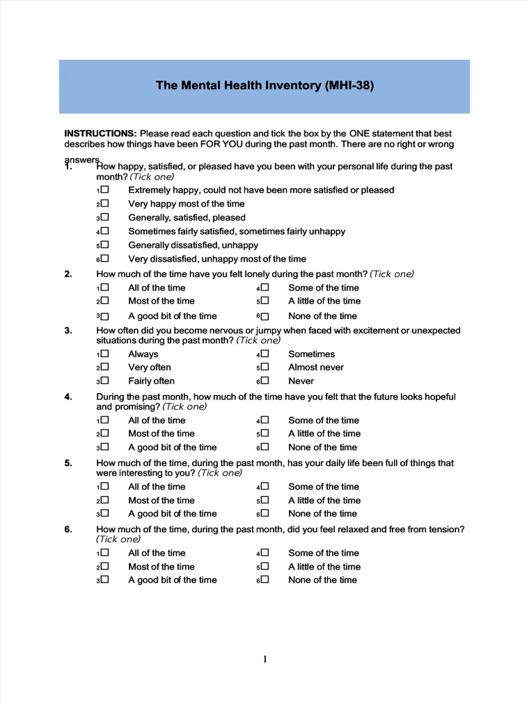 Mental Health Inventory MHI-38 Questionnaire | PDF | Affect (Psychology ...