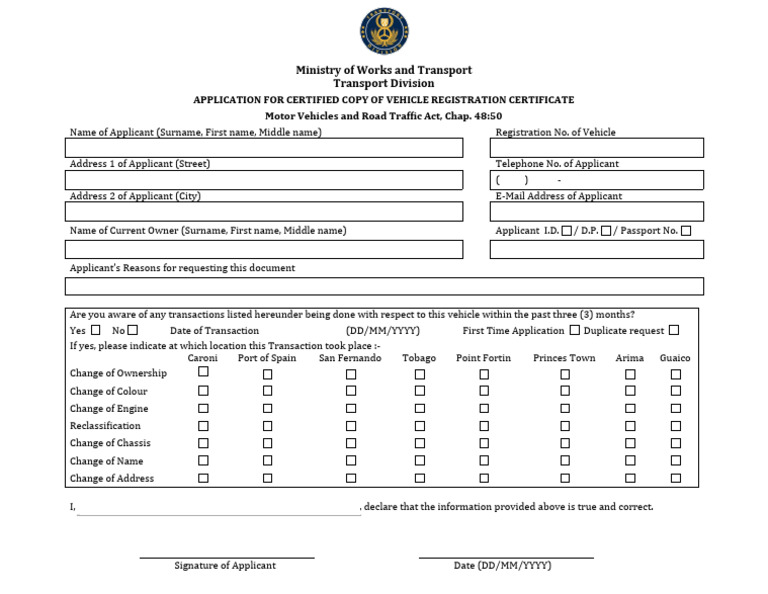 Application For Certified Copy For Vehicle Registration Certificate | PDF