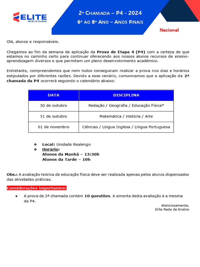 Comunicado P4 - 2 Chamada - 6º Ao 8º Ano | PDF