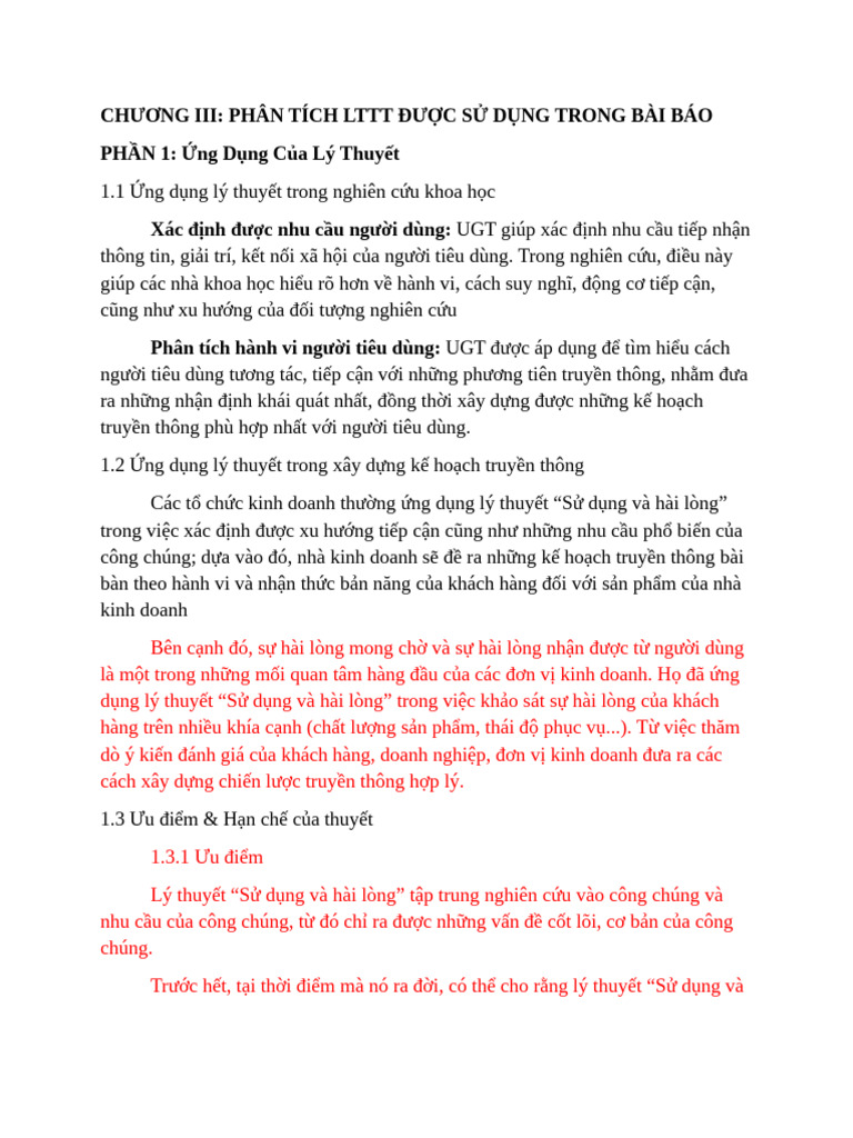 TIÊU LUẬN LTTT THUYẾT SỬ DỤNG VÀ HÀI LÒNG (CHƯƠNG III) | PDF