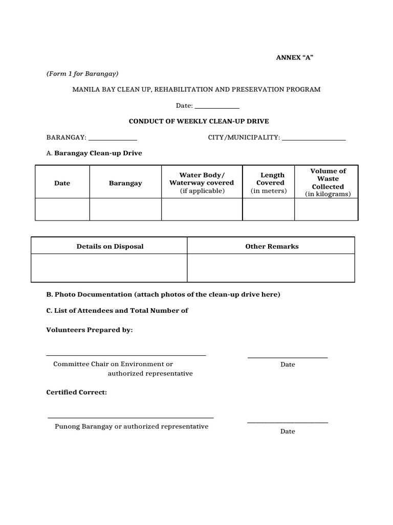 Annex A Barangay Weekly Clean Up Report Template | PDF