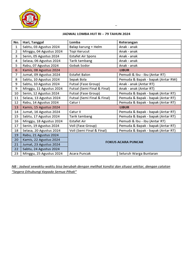01 Jadwal Lomba HUT RI - 79-1 | PDF