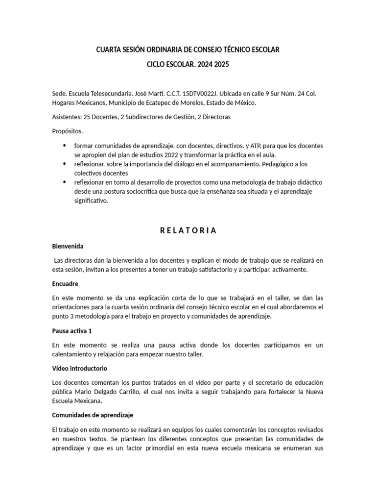 Relatoria 4a Sesion CTE | PDF | Enseñando | Aprendizaje