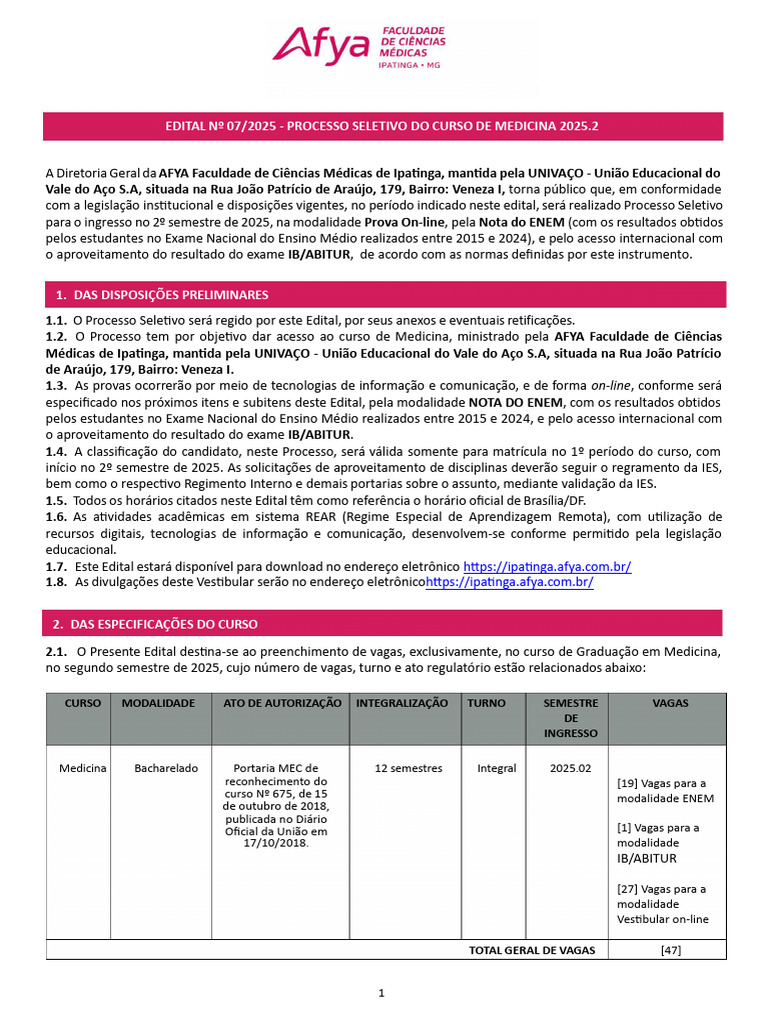 67d331160322ddaad8b228db - Afya Ipatinga - Edital Vestibular Medicina 2025 - 2 | PDF | Internet