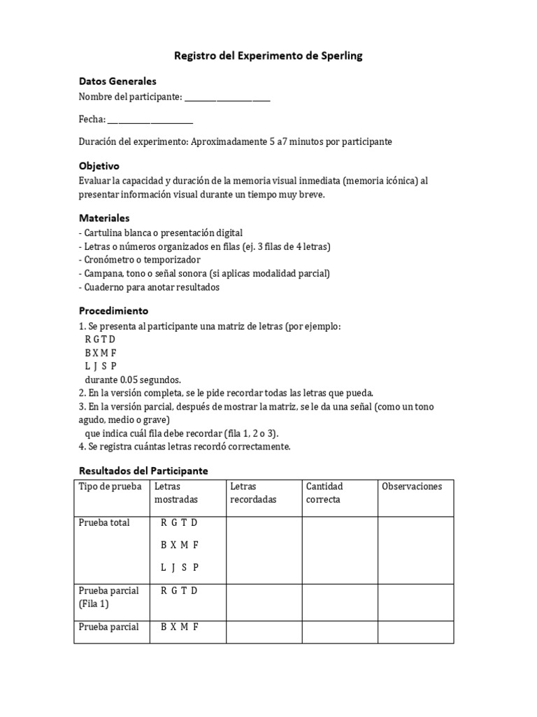 Registro Experimento Sperling | PDF | Psicología cognitiva | Neurociencia