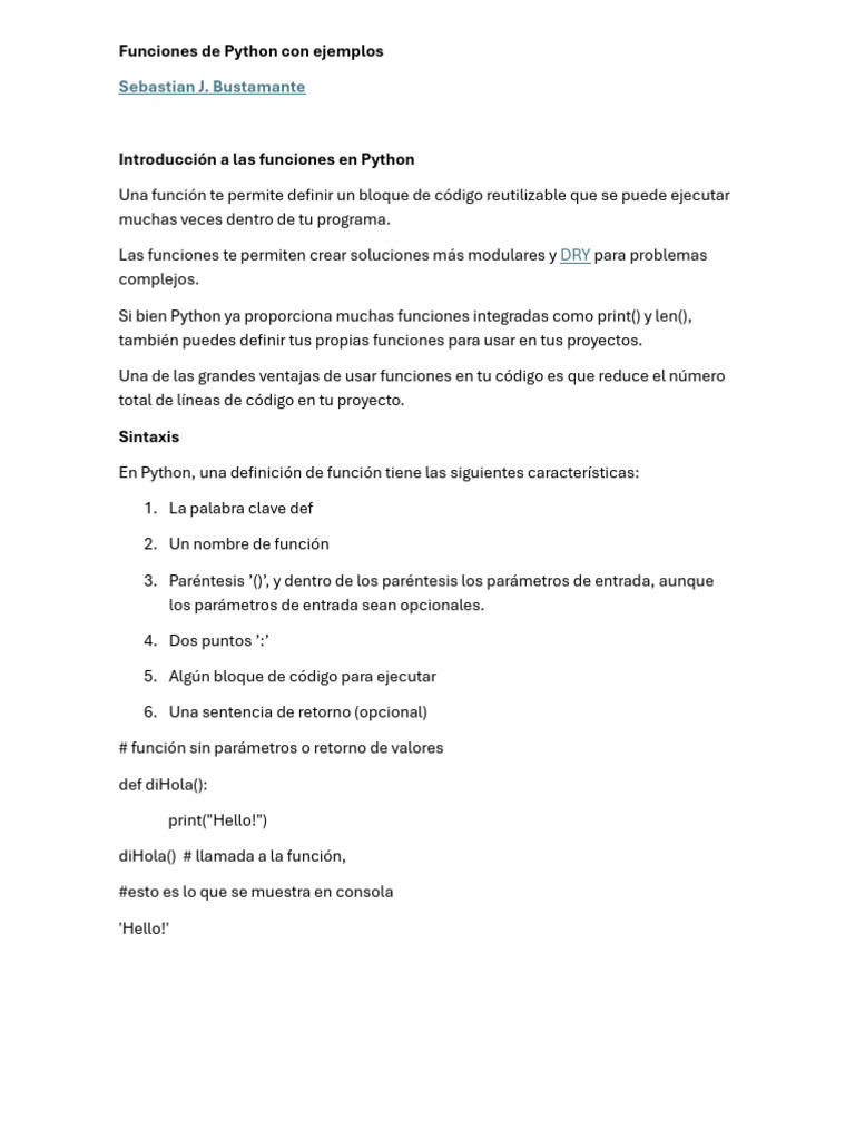 Funciones de Python Con Ejemplos | PDF | Python (lenguaje de programación) | Función (Matemáticas)