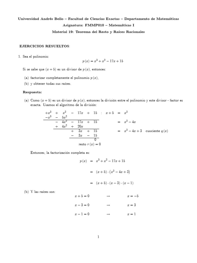 FMMP010 G19 Teorema Del Resto | PDF | Factorización | Ecuaciones