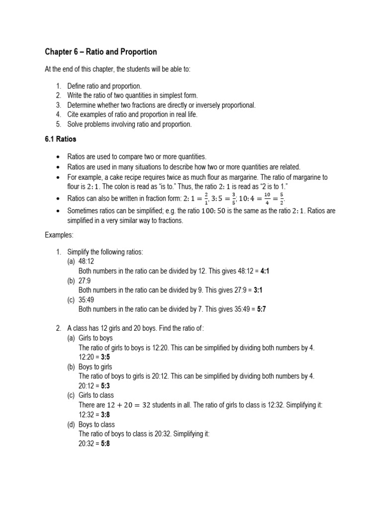 EEd Math 1 Chapter 6 Ratio and Proportion1 | PDF | Ratio