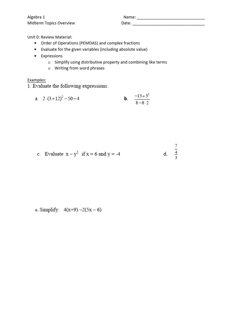 Alg 1 Midterm Topics Overview | PDF | Algebra | Equations