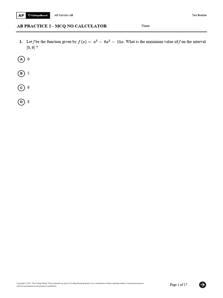 Ab Practice 2 MCQ No Calculator PDF | PDF | Function (Mathematics ...