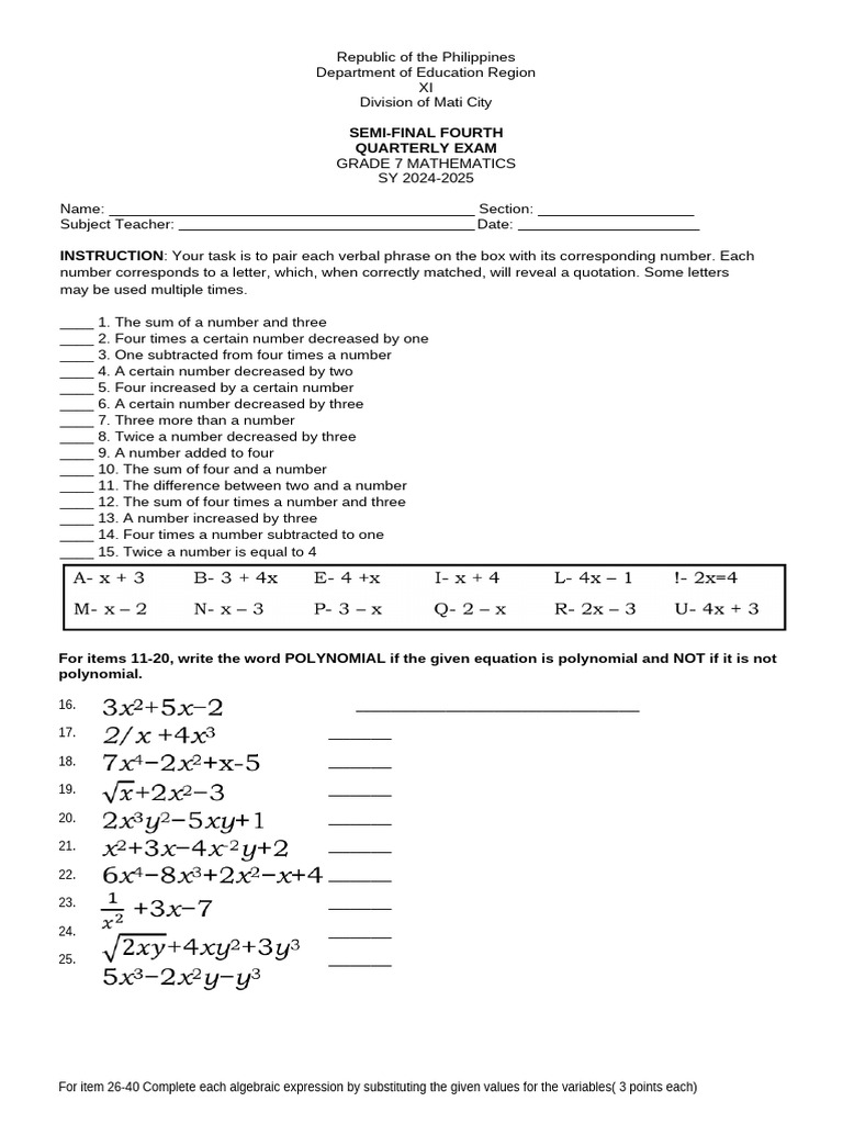 Quarterly Test - Q4 Mathematics 8 | PDF