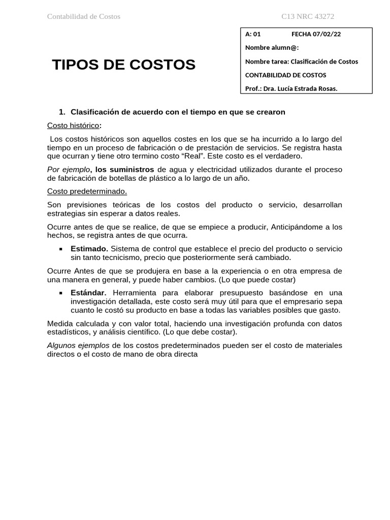 A01 - Clasificación de Los Costos | PDF | Costo | Contabilidad de costos