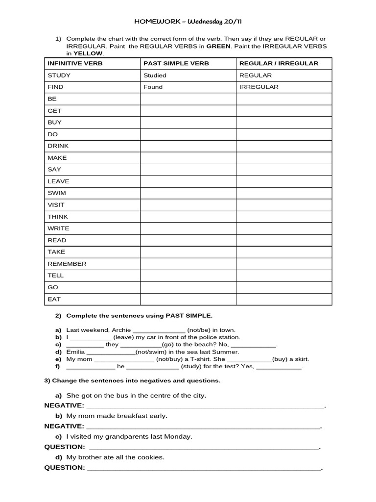 Homework Past Simple - 6to Grado | PDF