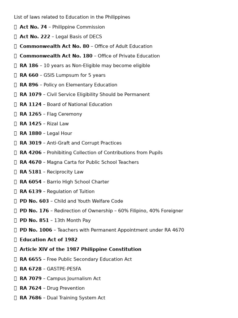 Education Laws in the Philippines List | PDF