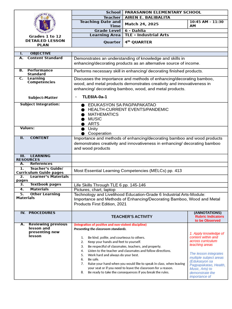 q4 DLP Tle 6 Observationrevised | PDF | Wood Carving | Varnish