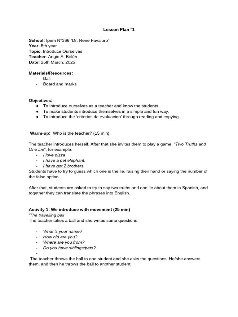 Lesson Plan °1, 2 & 3 5th year | PDF | Human Communication