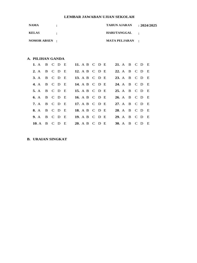 Lembar Jawaban Ujian Sekolah 2024/2025 | PDF