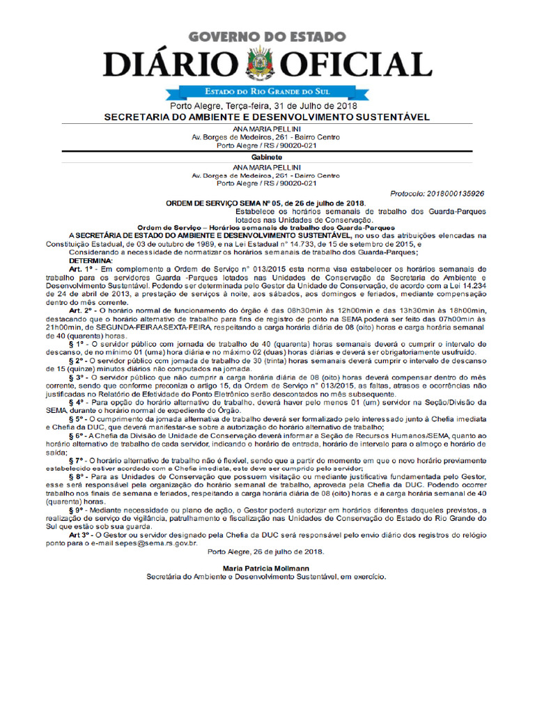 2018 Ordem Servico Sema N 05 Estabelece Horarios Semanais Trabalho Guarda Paq Locados Nas Ucs | PDF