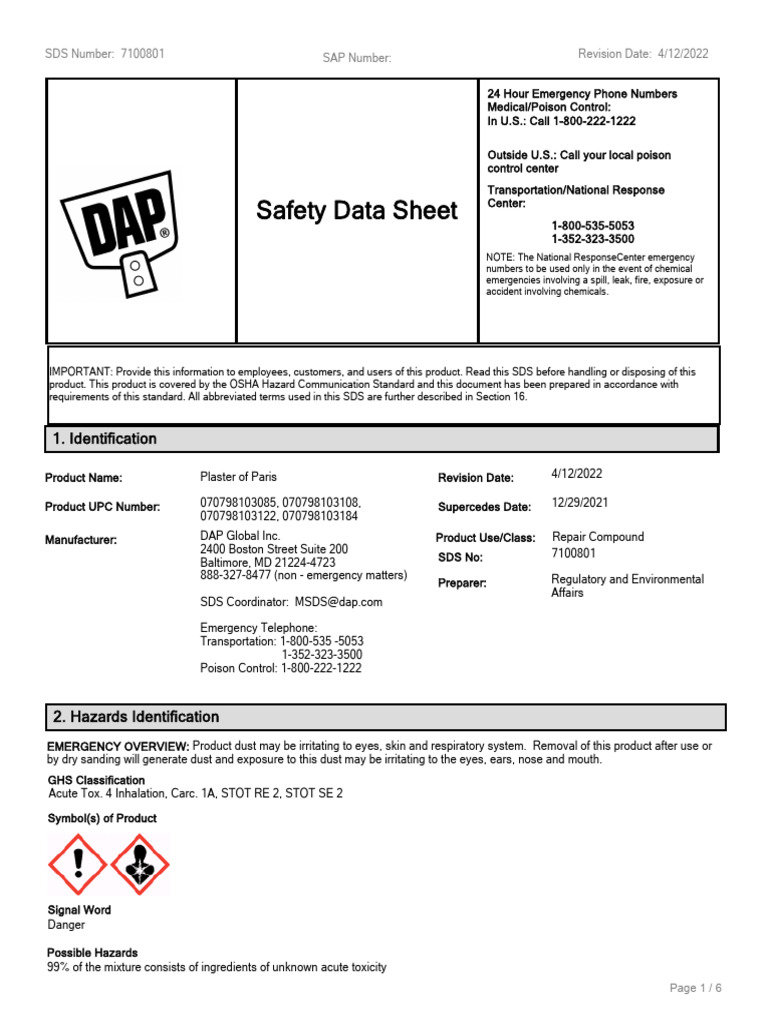 DAP Plaster of Paris Dry Mix SDS 2217150 | PDF | Silicon Dioxide | Safety