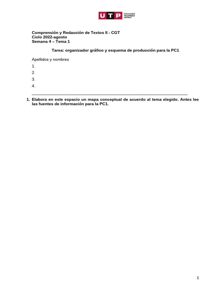 Semana 4. Tema 1 - Tarea - Org. Gráfico y Esque. de Produc. para PC1 - CRT2-CGT-2022 | PDF